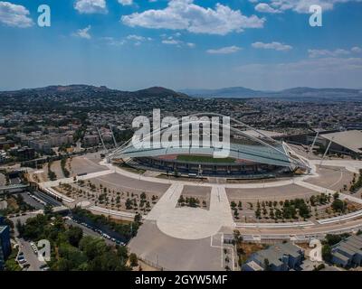 Iconic aerial view over Spyros Louis OAKA Olympic stadium in Athens ...