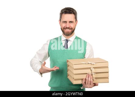 happy businessman hold folder heap. a lot of work. safety business ...