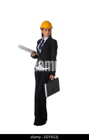 Portrait of female engeneer architect in yellow hardhat and business ...