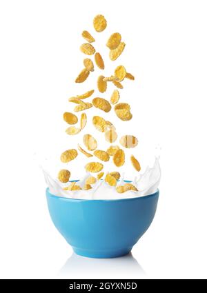 cornflakes falling into bowl with milk splashes isolated on white Stock ...