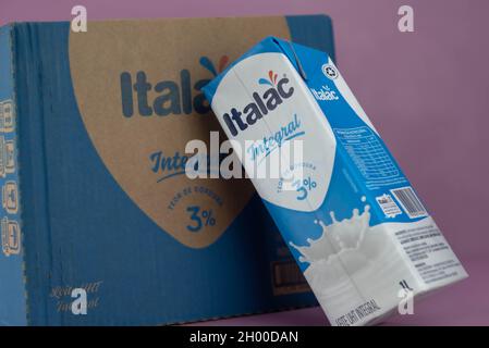 Boxes of whole milk in commercial packaging for sale in supermarkets ...