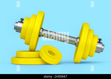 Metal dumbbell with yellow disks isolated on blue background. 3d ...