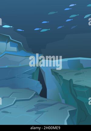 Deep sea landscape with rocky cliffs. Ocean floor. Underwater wild life ...