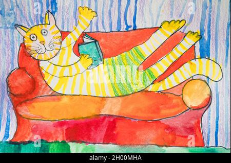 Kids drawing of a striped red and white lighthouse on a sea coast. Cute ...