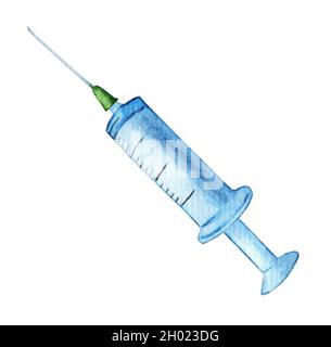 Watercolor plastic medical syringe with medicine, glass medical ampoule ...