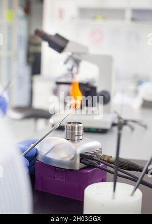 Bunsen Burner flame test in the science laboratory. Clip. Flaming a ...