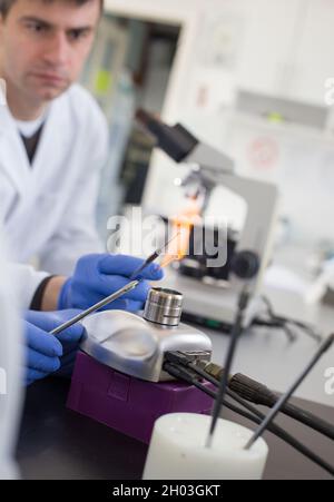 Bunsen Burner flame test in the science laboratory. Clip. Flaming a ...