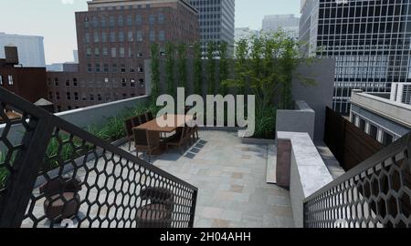 3D illustration the rooftop garden of the high-rise building Stock ...