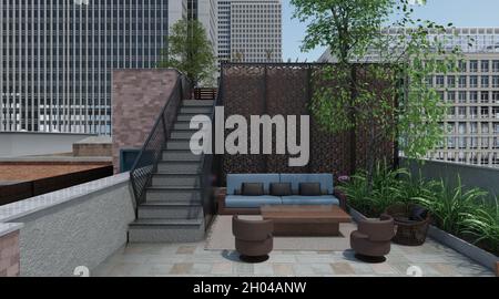 3D illustration the rooftop garden of the high-rise building Stock ...