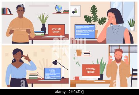 People with computer tech error in office workplace vector illustration ...