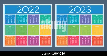 Colorful calendar for 2022 and 2023 years. Week starts on Sunday ...