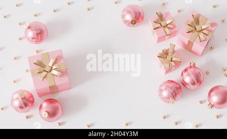 Pink gift boxes with golden ribbon and baubles on white background, 3d ...