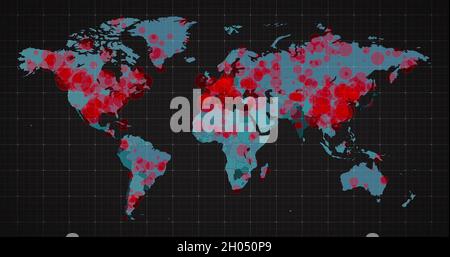 Image of the world map and countries turning red through circles in a ...