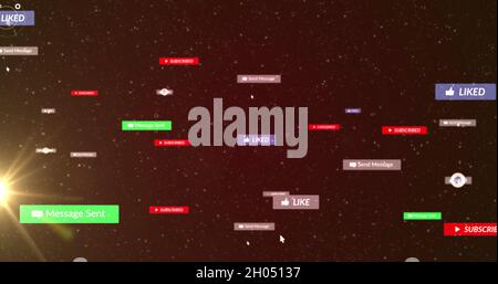 Image of cursors over social media icons and text on multi coloured ...