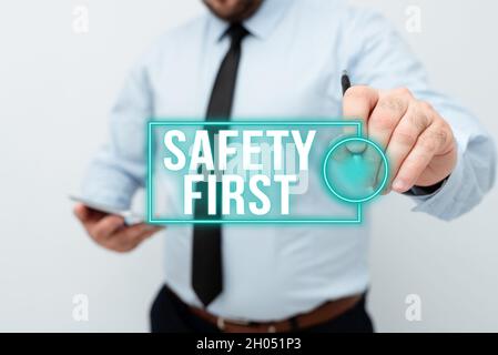 Safety First Meaning Warning Prevention And Protect Stock Photo - Alamy