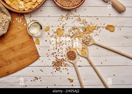 wooden tableware muesli morning snack delicious wood background Stock ...