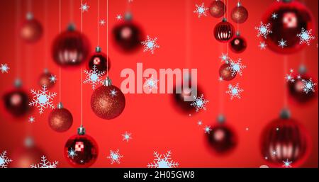 Image of snow falling and christmas baubles decoration with fir trees ...