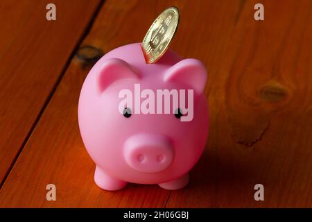 Gold piggy bank and bitcoin coin Stock Photo - Alamy