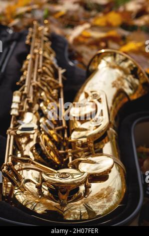 Close up of golden saxophone in its case Stock Photo - Alamy