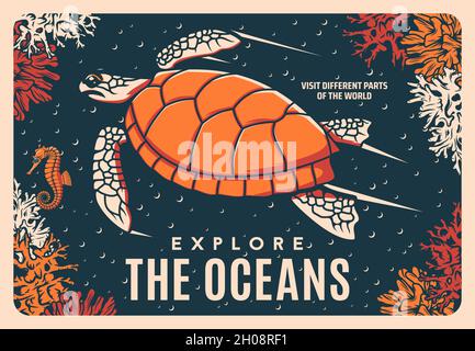 Oceanarium undersea world retro poster, aquarium and marine life zoo ...