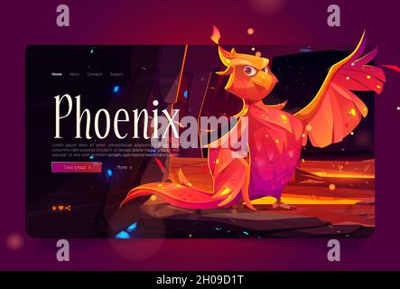 Cute phoenix character with orange burning feathers and fire. Vector ...