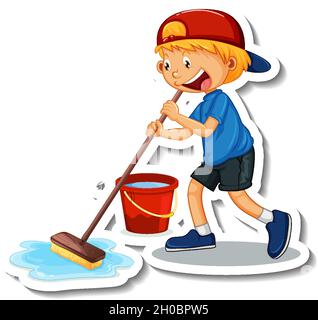Sticker template with a boy cleaning cartoon character isolated ...