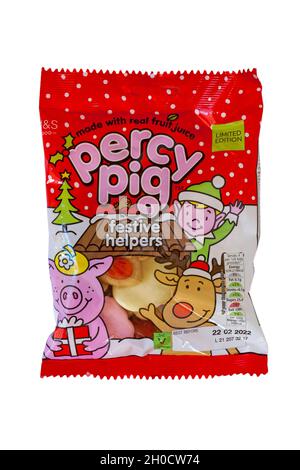 Bag of M&S Percy Pig Festive Helpers sweets made with real fruit juice opened with contents ...