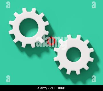 Many white connecting gear cogs working together isolated on red ...