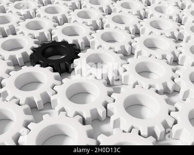 Many white connecting gear cogs working together isolated on red ...