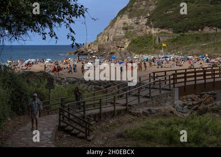 GIJON, SPAIN - Oct 07, 2021: View of Asturia beach during the summer ...