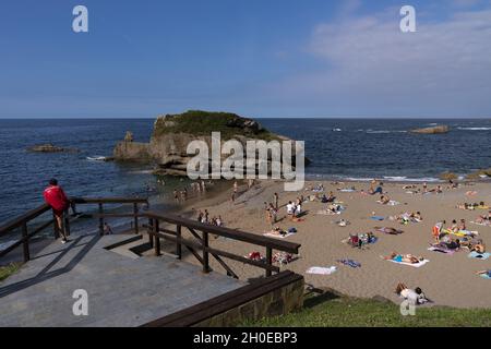 GIJON, SPAIN - Oct 07, 2021: View of Asturia beach during the summer ...