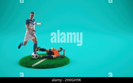Soccer ball on a grassy plate with cyan background Stock Photo - Alamy