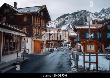 Street and buildings in Murren Village with Eiger Mountain on ...
