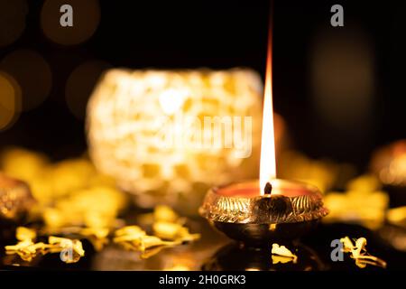 Golden Brass Diya Deep Dia Lamp Lit in Pooja Thali With Flowers, Mithai ...