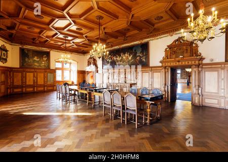 Dining room with wood panelling and coffered ceiling, Ratibor Castle ...