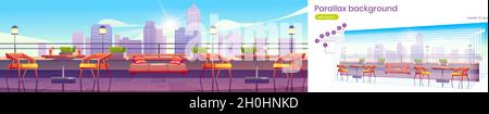 Restaurant at rooftop terrace on city view background. Empty patio with ...