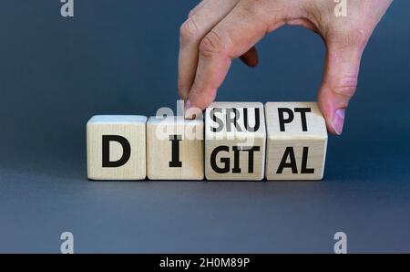 Digital or disrupt symbol. Businessman hand turns cubes and changes the ...