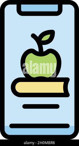 Book and apple on smartphone icon. Outline book and apple on smartphone ...