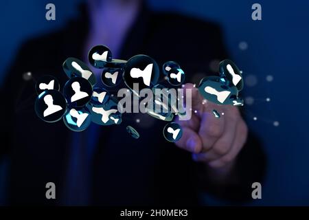 Hand touching 2D icons Stock Photo - Alamy