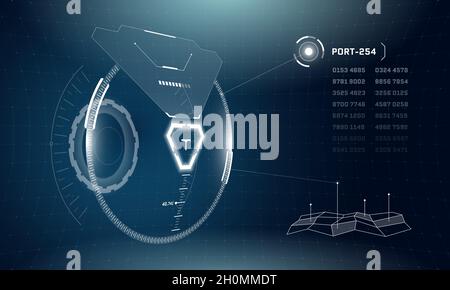 Abstract futuristic object HUD element. 3D hologram display consist of sphere of global net ...