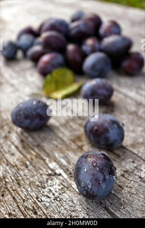 Fresh ripe plums on old rustic board Stock Photo - Alamy