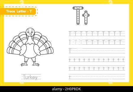 Turkey Animal Tracing Letter ABC Coloring Page T Stock Vector Image ...