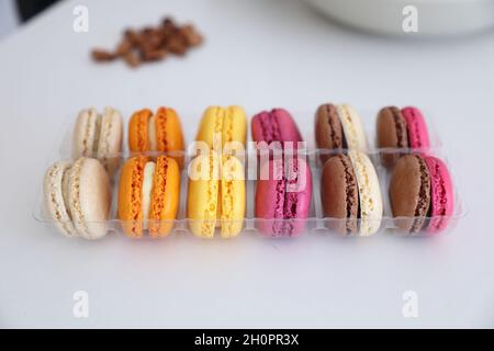 French macaron sweets (also known as macaroons). Confectionery of ...