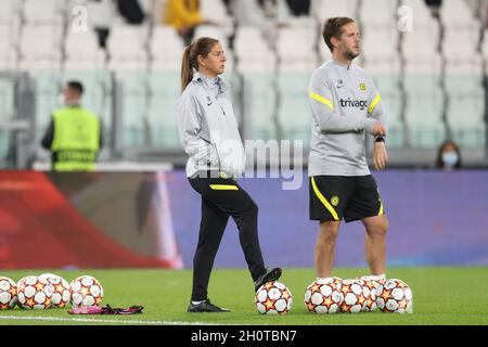 Chelsea assistant coach Denise Reddy oversees the warm up prior to kick ...