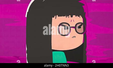 Animation of crying girl, cartoon character with dark hair and glasses ...
