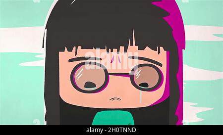 Animation of crying girl, cartoon character with dark hair and glasses ...