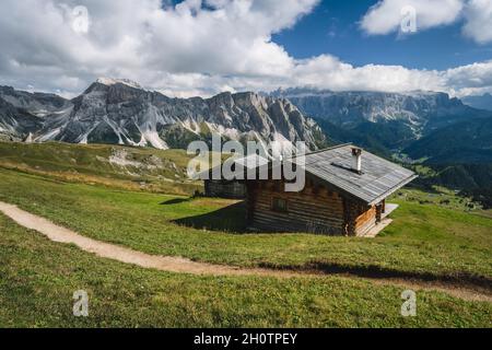 Hats for resting during the hike on Seceda plateau in Dolomites Alps ...