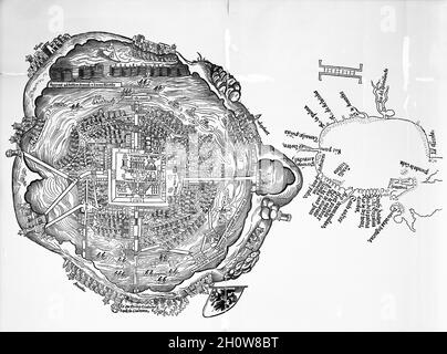 Aztec capital, Tenochtitlan, now Mexico City, from a 1597 map by ...