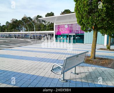 Metal bench in the outside concourse at the railway station in Corby ...