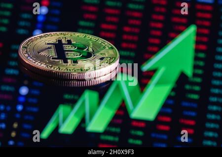 Concept of bitcoin growth, arrow up. BTC graph of the growth symbols on ...